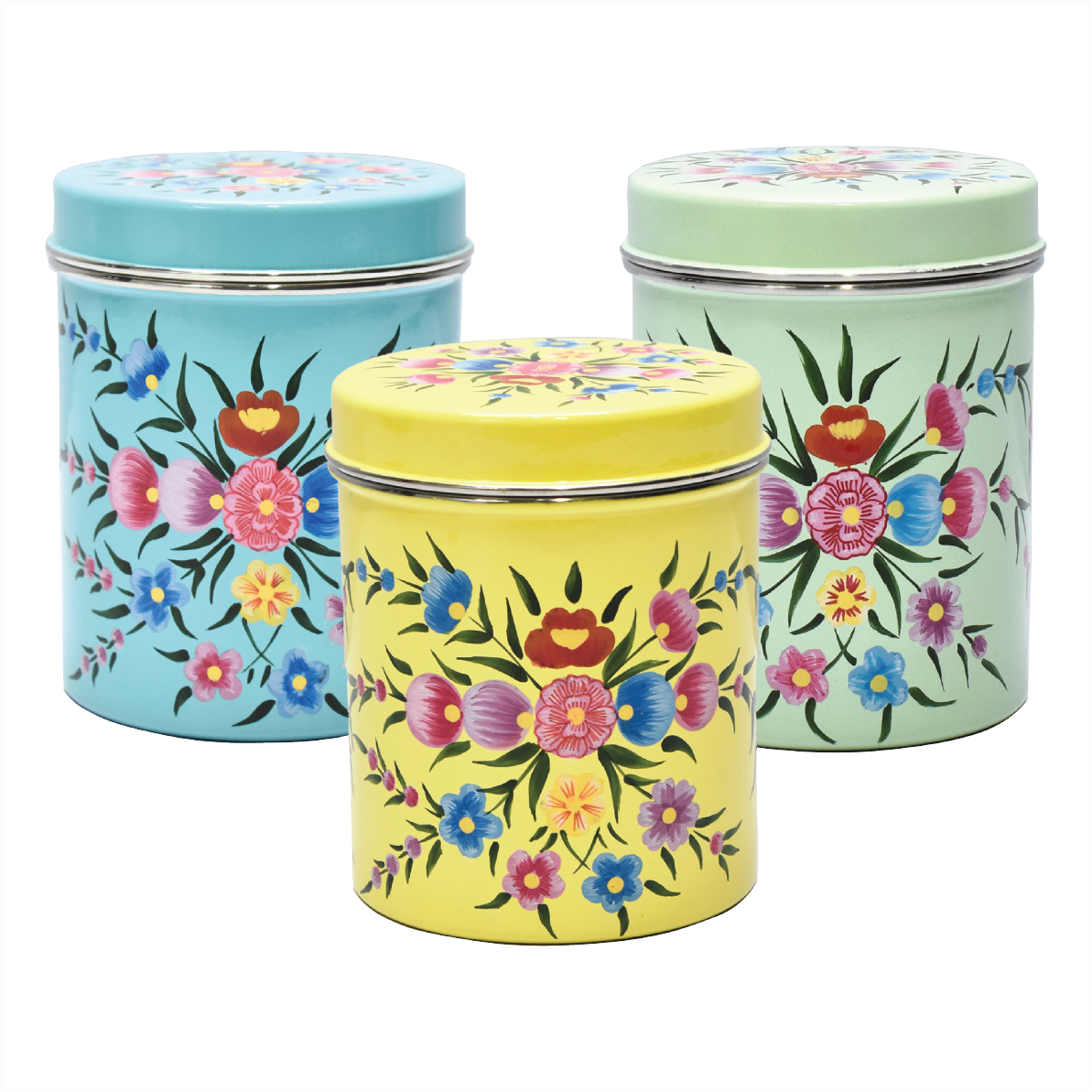 Jaipur - Hand Painted Stainless Steel Set of 3 Canisters with Lid - Su